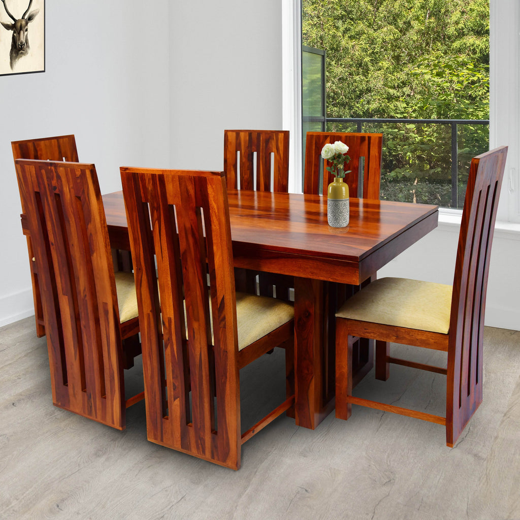 Solid Wood Dining Table 6 Seater Set for Dining Room in Honey Finish ...